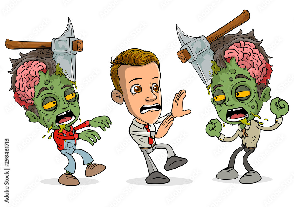 Cartoon funny cute green zombies with axe in head attacking boy ...