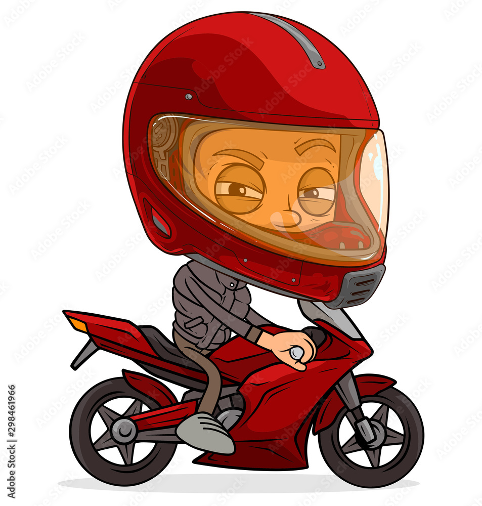 Cartoon funny angry cool biker boy character riding on red modern ...