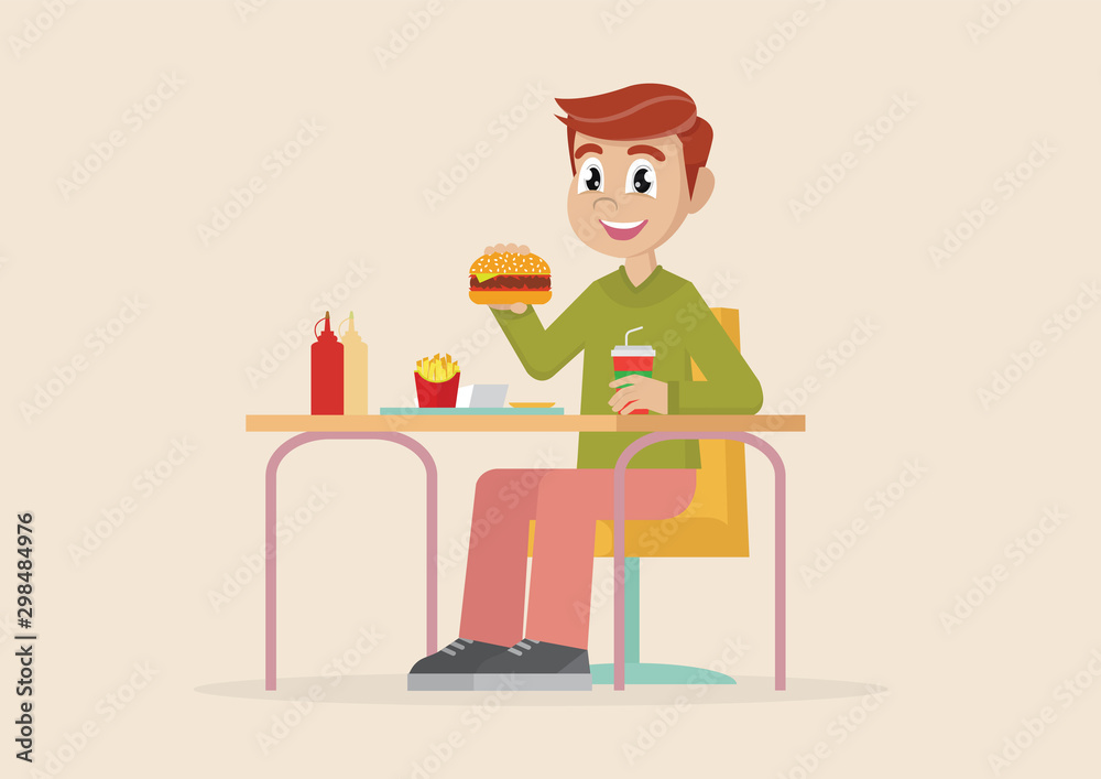 Cartoon character, Man eating fast food. Stock Vector | Adobe Stock