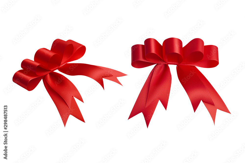 A set of two identical red holiday gift bows made of red satin ribbon ...