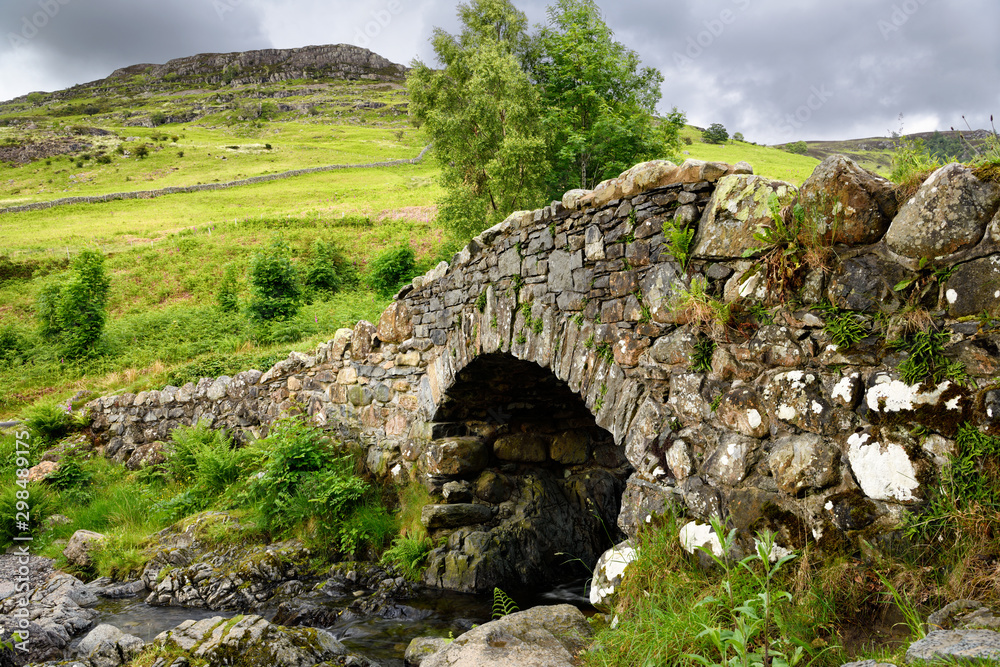 Barrow Beck river at historic stone packhorse bridge Ashness Bridge ...