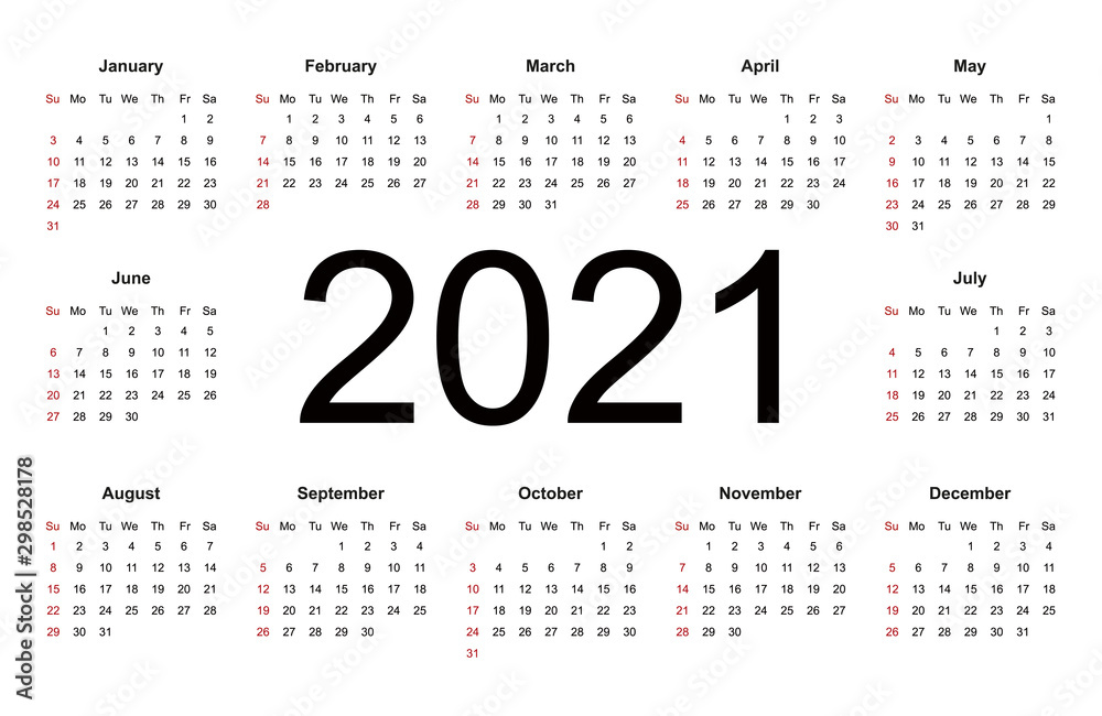 Simple calendar Layout for 2021 year. Week starts from Sunday. Isolated ...