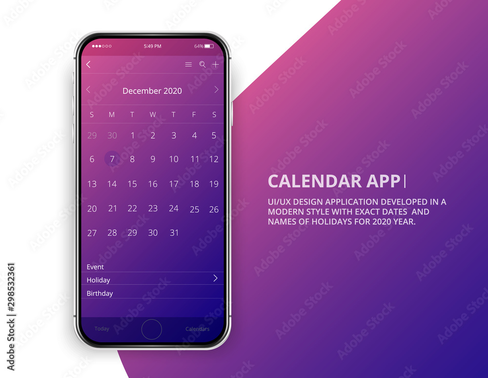 User interface design. Mobile calendar app. Phone app calendar 2020 ...