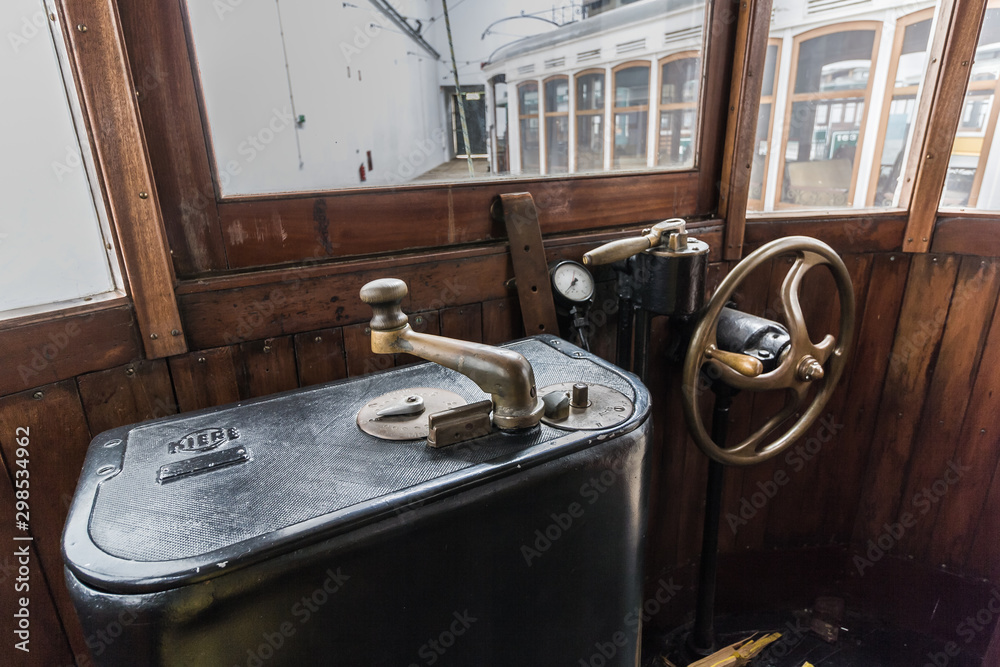 metal control lever in an old tram. control panel inside old funicular ...