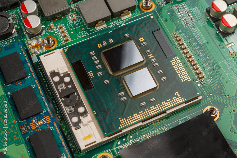 computer CPU close-up on the motherboard background, socket of central ...
