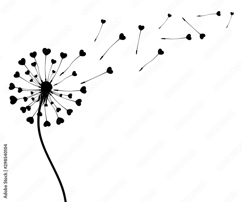 Abstract black dandelion silhouette with hearts, flying seeds of love ...