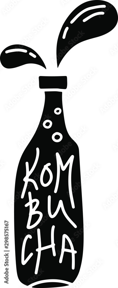Silhouette bottle of kombucha tea with splach. Carved hand drawn vector ...