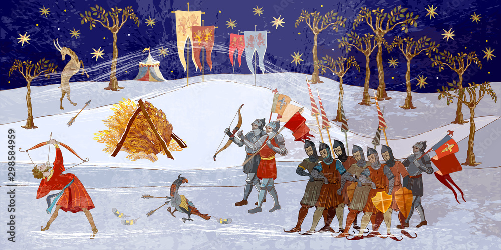 Medieval scene. Winter. Robin Hood story. Soldiers protect castle ...