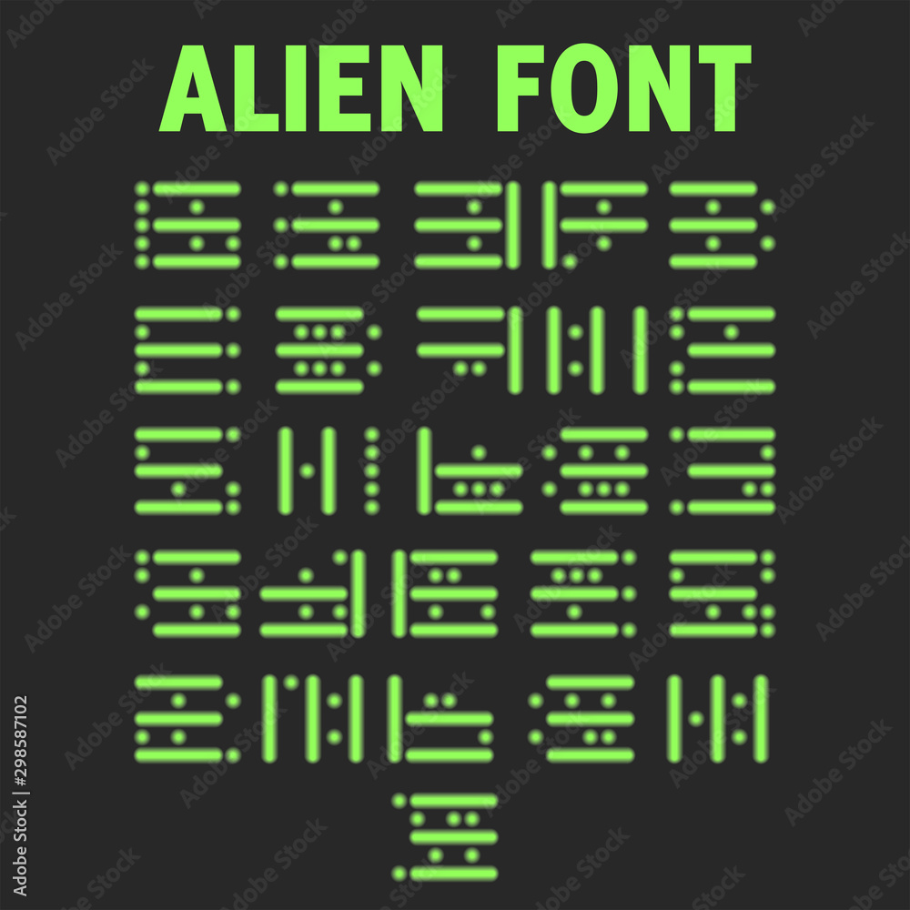 Alien font set of bright green letters for the display of the ...