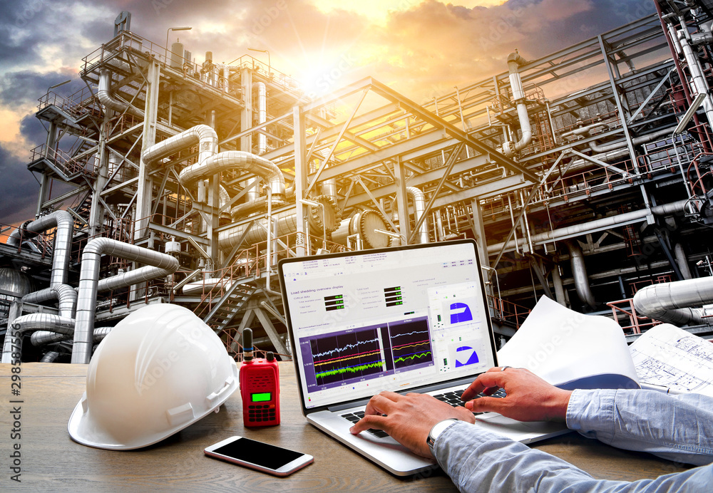 Double exposure Engineering Industrial concept in office with Oil and ...