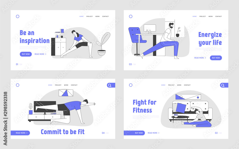 Gymnastics Workout at Home Website Landing Page Set. People Doing ...