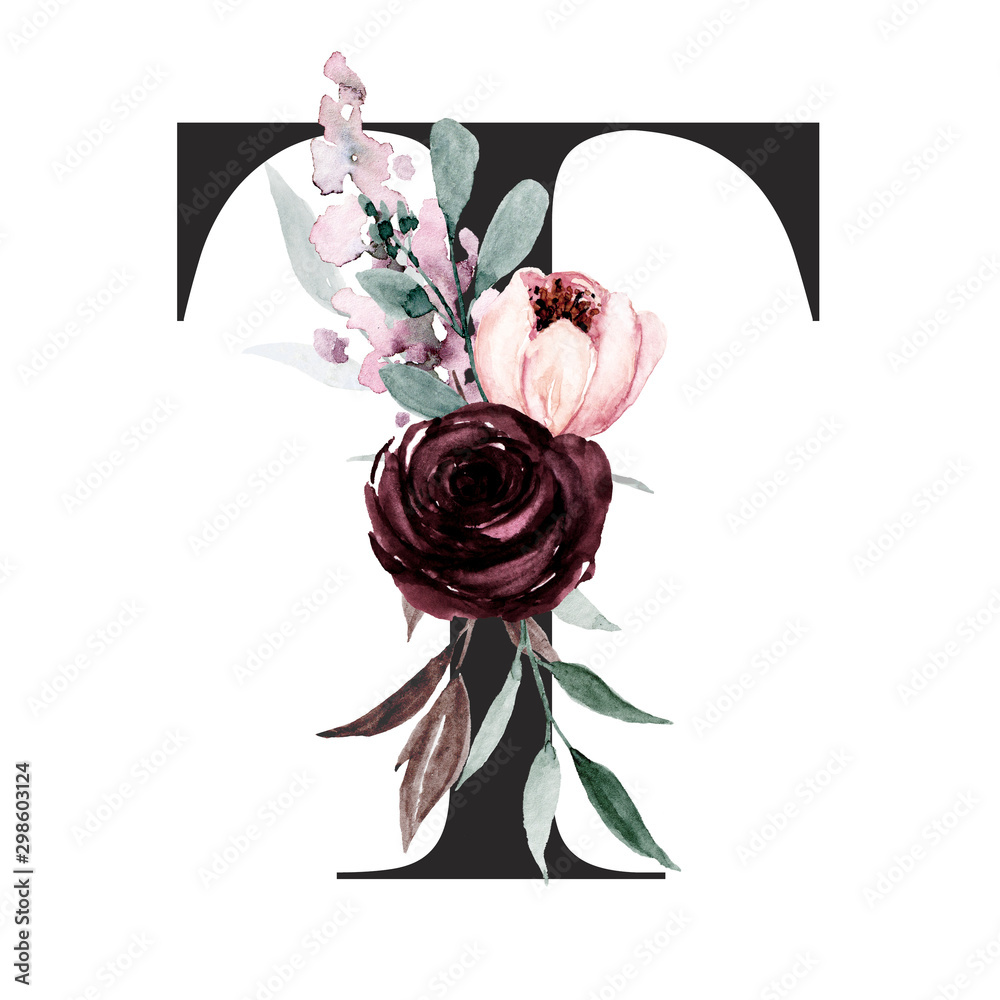 Alphabet, letter T with watercolor flowers and leaf. Floral monogram ...