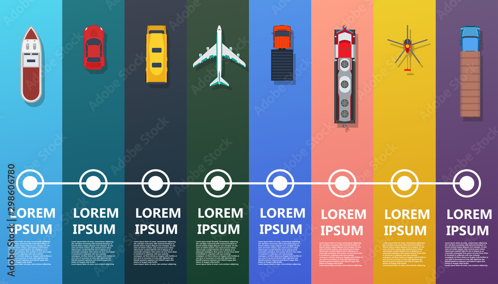 Transport infographic top view vector. Flat bus, ship, truck, train ...