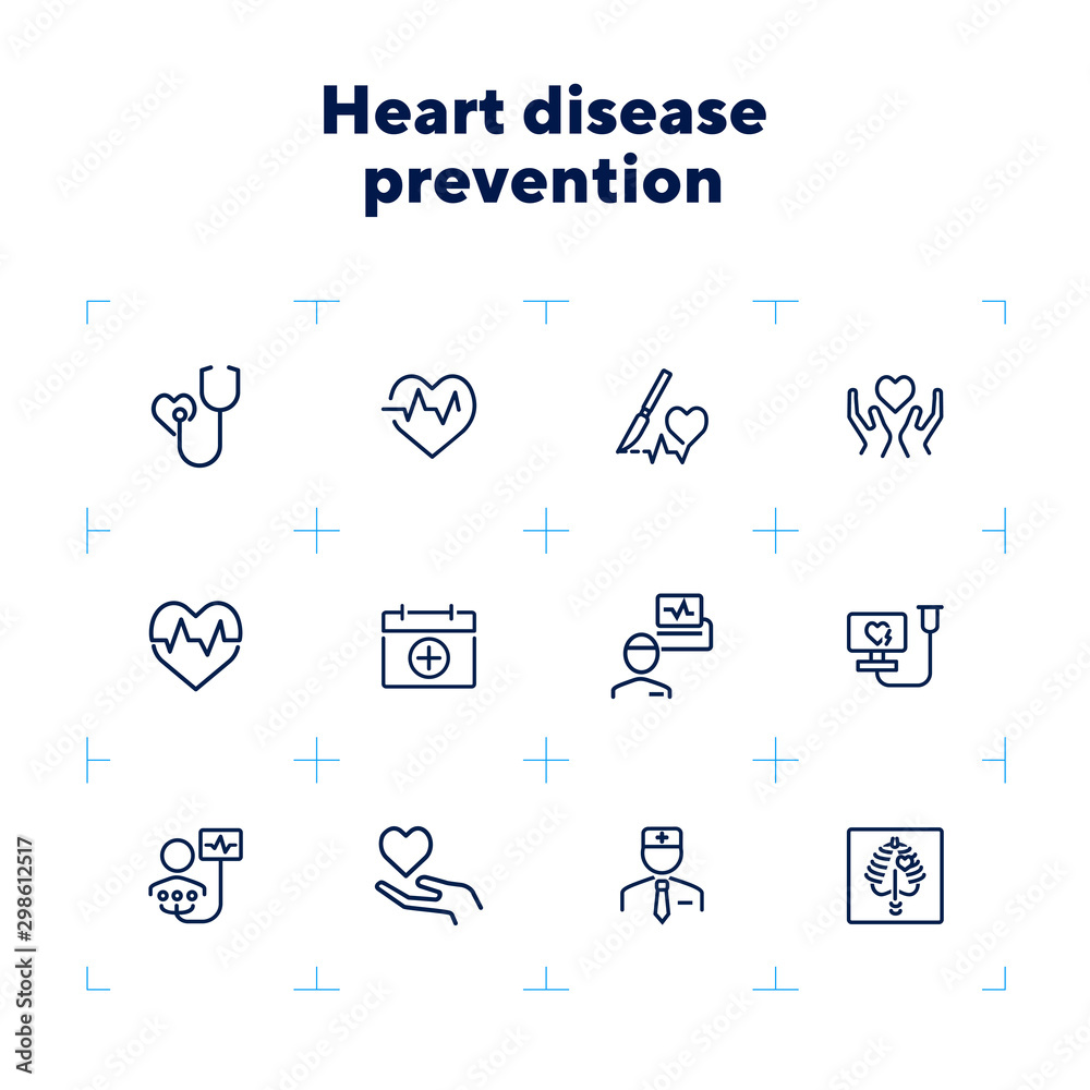 Heart disease prevention line icon set. Stethoscope, surgery ...