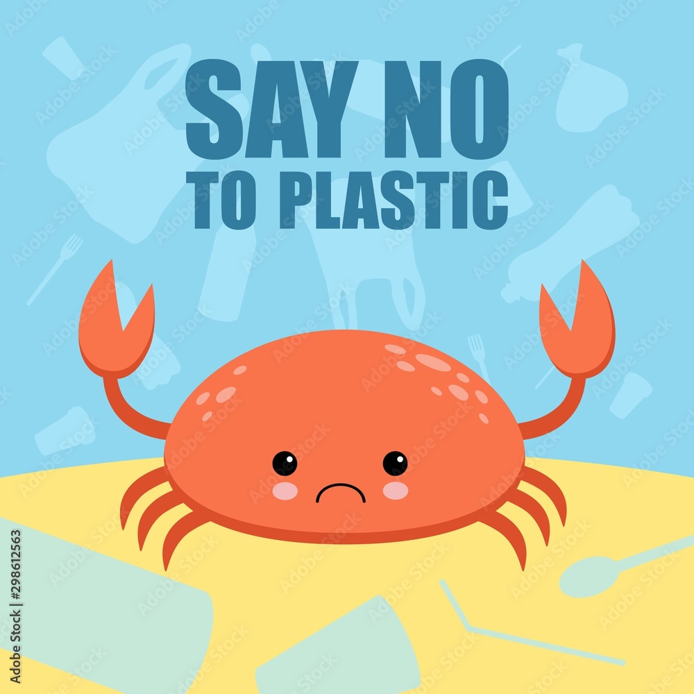 Stop plastic pollution banner. Vector image of cartoon style with sad ...