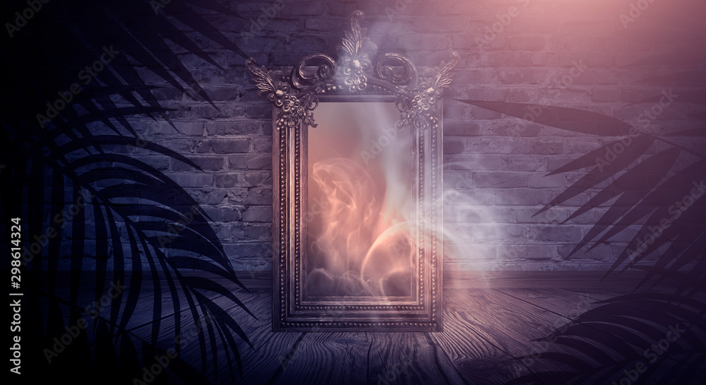 Dark room, a magical antique mirror. Night view of the room, fantasy ...
