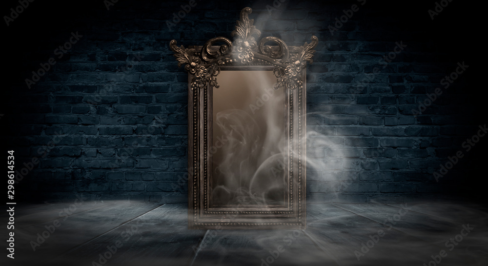 Dark room, a magical antique mirror. Night view of the room, fantasy ...
