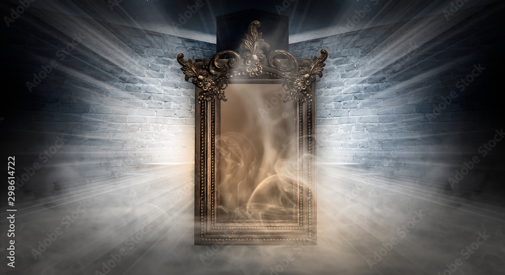 Dark room, a magical antique mirror. Night view of the room, fantasy ...