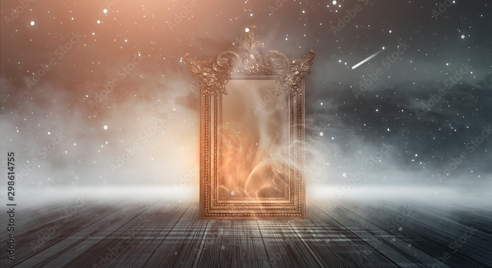 Fotografia do Stock: Dark fantasy landscape. Dark forest, magic mirror ...