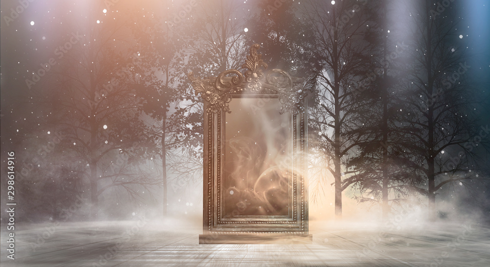 Dark fantasy landscape. Dark forest, magic mirror. Dark scene of a ...