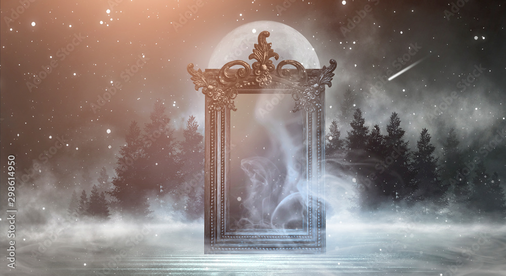 Dark fantasy landscape. Dark forest, magic mirror. Dark scene of a ...