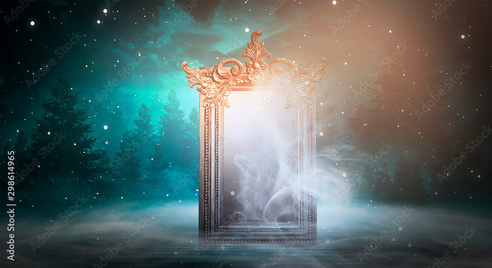 Dark fantasy landscape. Dark forest, magic mirror. Dark scene of a ...