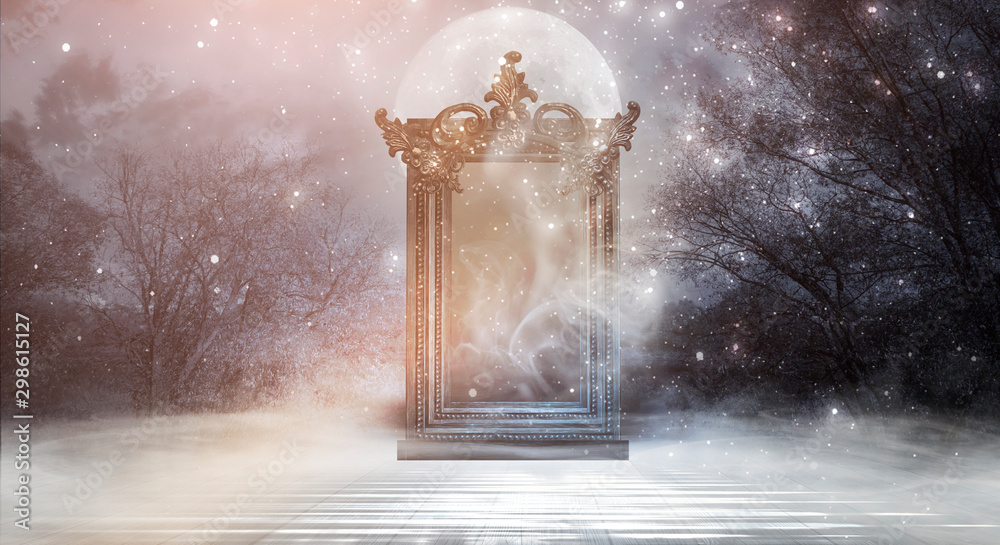 Dark fantasy landscape. Dark forest, magic mirror. Dark scene of a ...