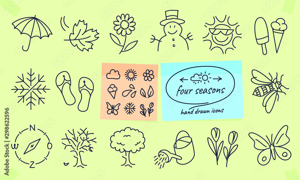 Four seasons doodles on coloured memos. Full vector drawings with ...