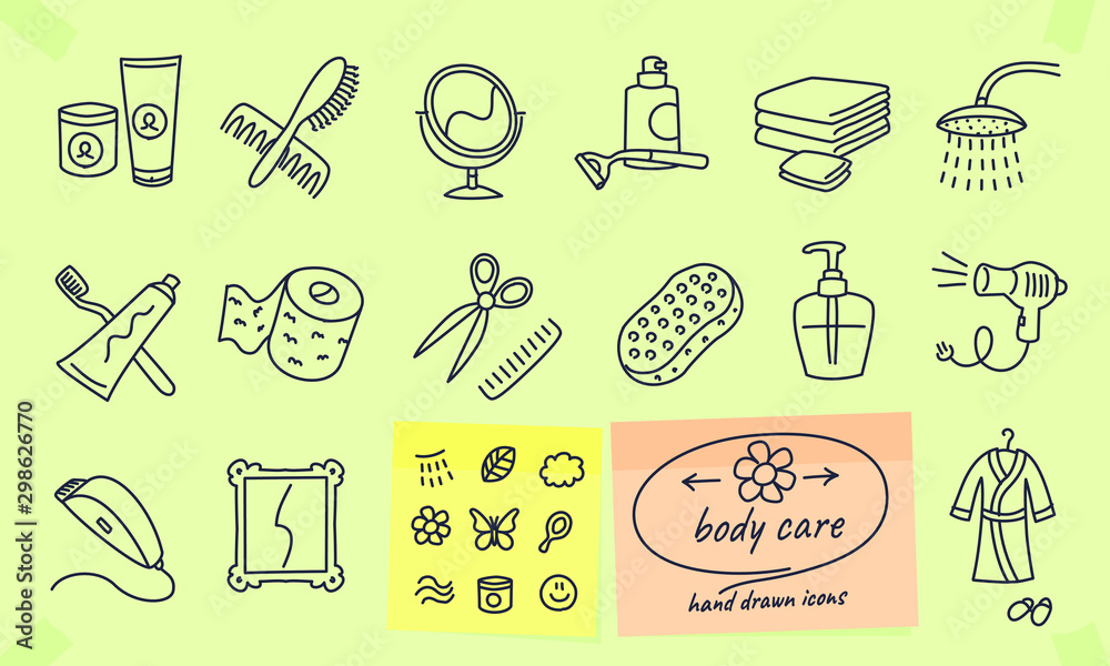 Beauty products body care doodles drawings icons. Full vector ...