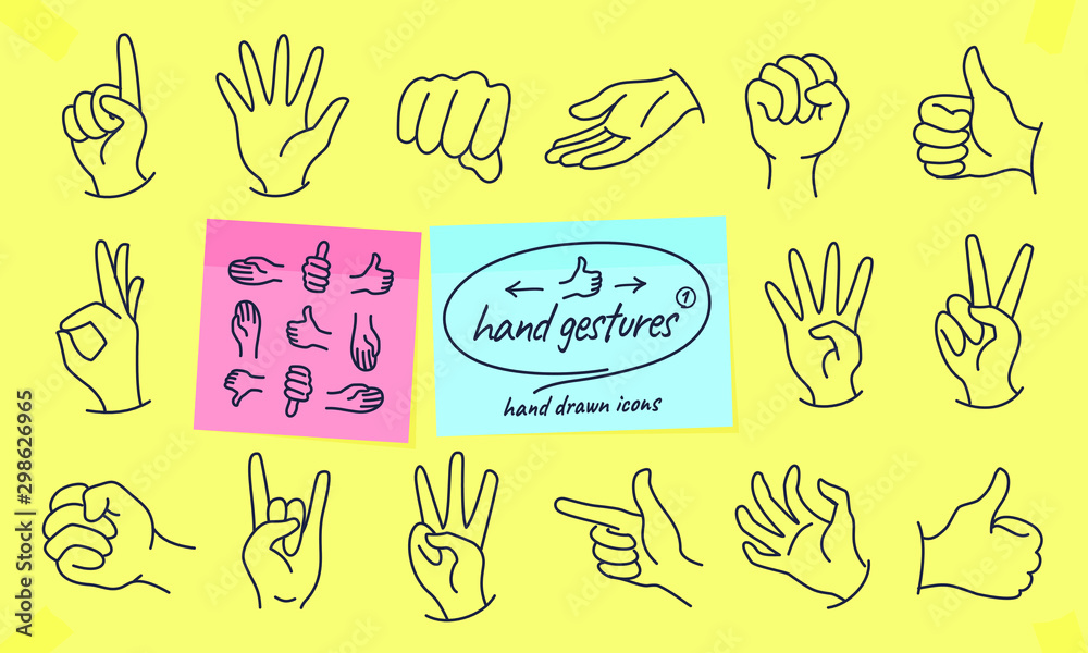 Hand gestures and signs in drawing, doodle style. Concept of stop, help ...