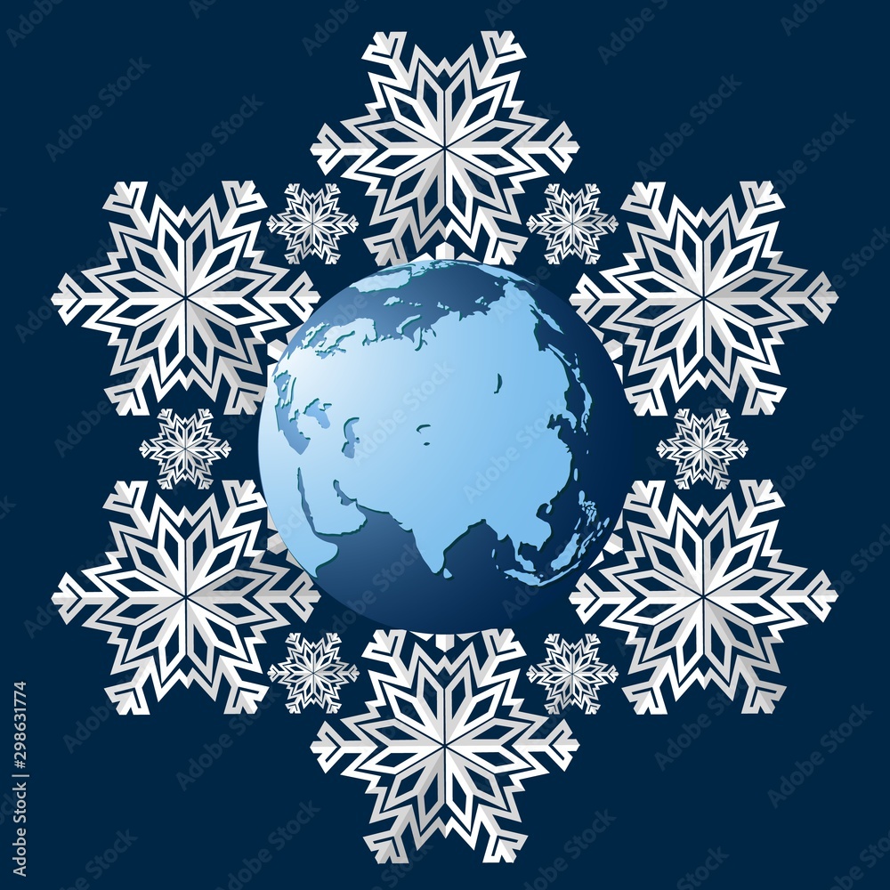 Planet Earth on a background of snowflakes, a symbol of the coming ...