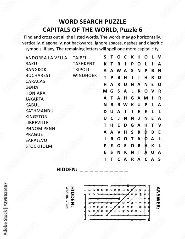 Capitals of the world word search puzzle or word game (English language ...