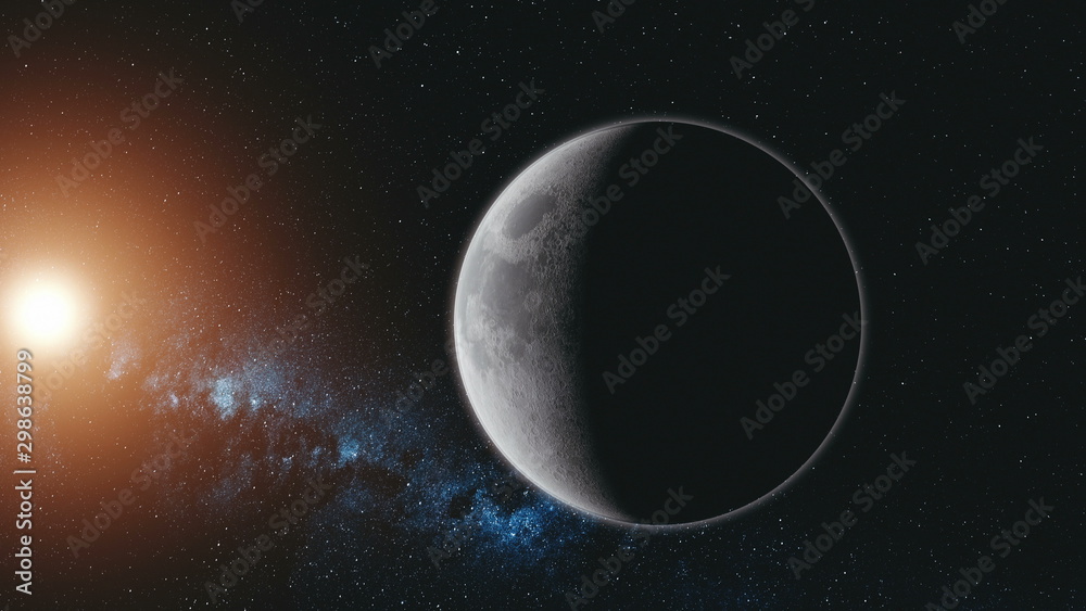 Moon Orbit Surface Sun Beam Glow Starry Galaxy. Planet Motion Sight ...