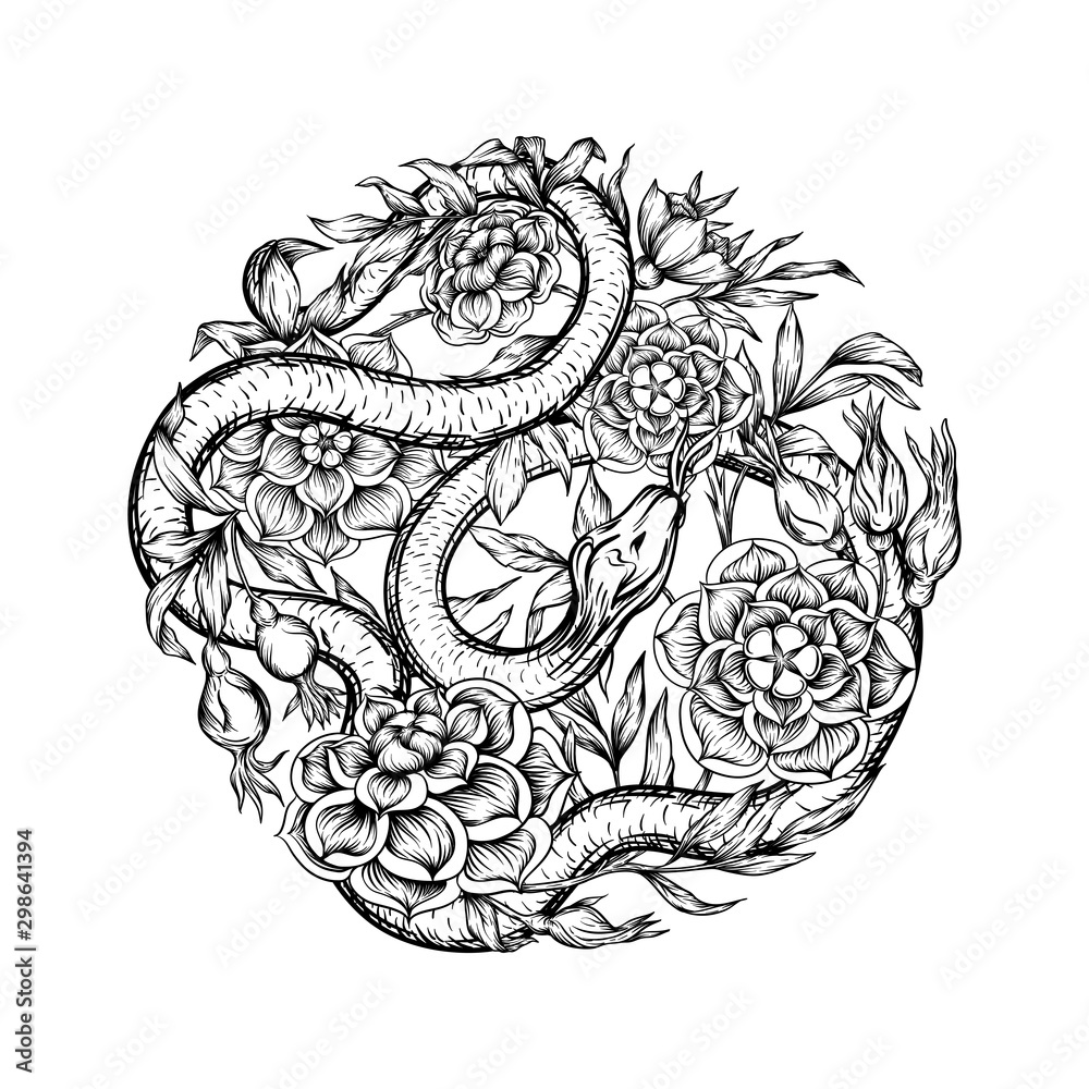 Roses and snake. Element for design. Graphic drawing, engraving style ...
