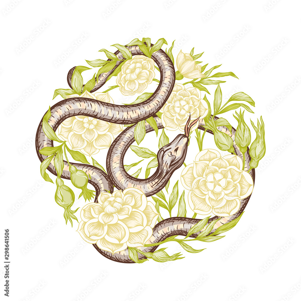 Roses and snake. Element for design. Graphic drawing, engraving style ...