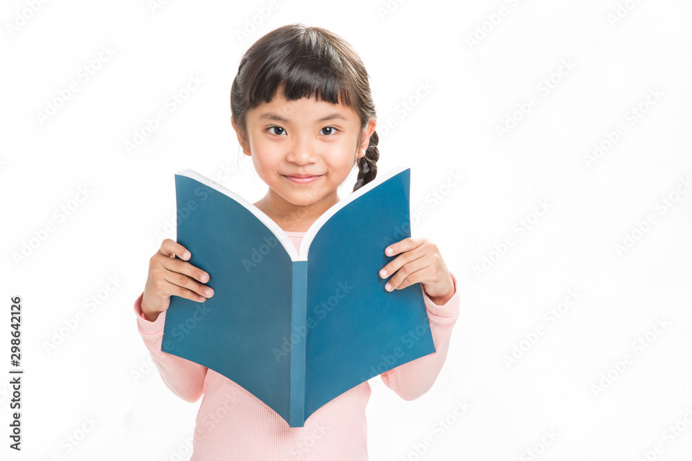 Portrait of little lovely child smile reading a book isolated on white ...