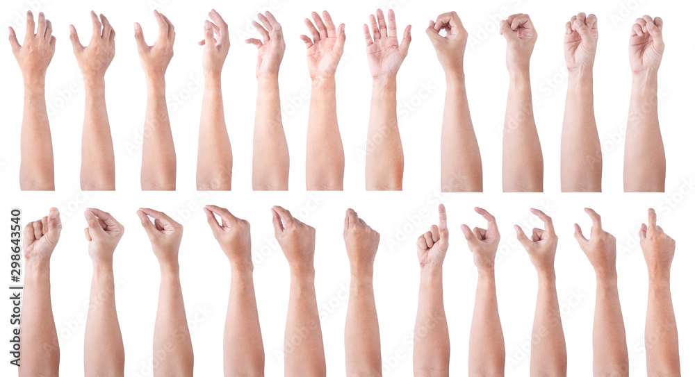 GROUP of Male asian hand gestures isolated over the white background ...