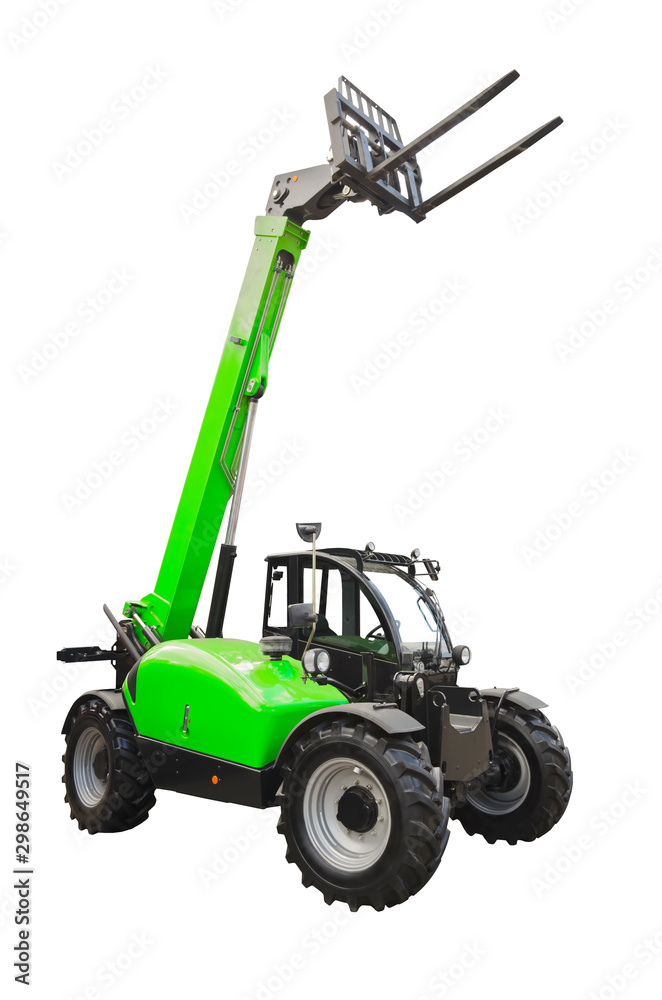 A telescopic handler, also called a telehandler isolated on a white ...