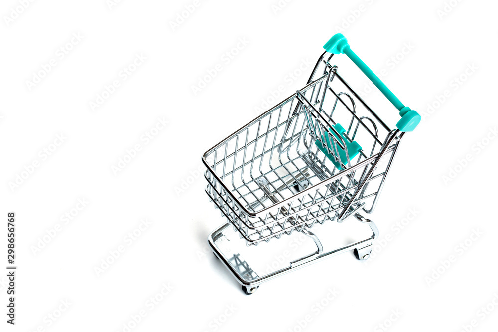 Miniature empty shopping cart turquoise color on white background ...