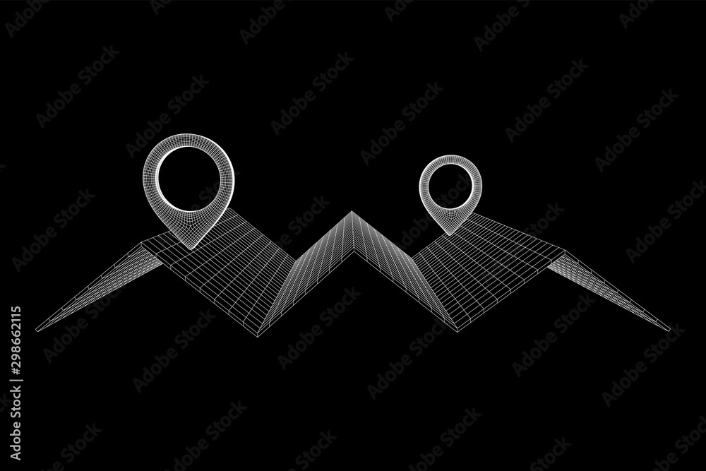 Geo map pin with folding map. Place symbol GPS pictogram. Wireframe low ...