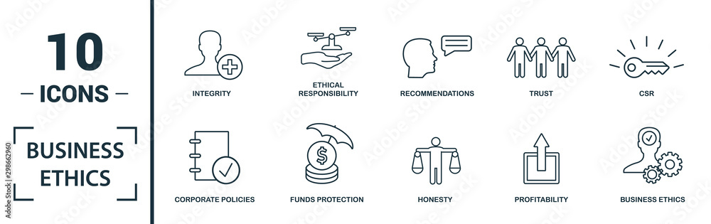 Business Ethics icon set. Include creative elements csr, trust ...