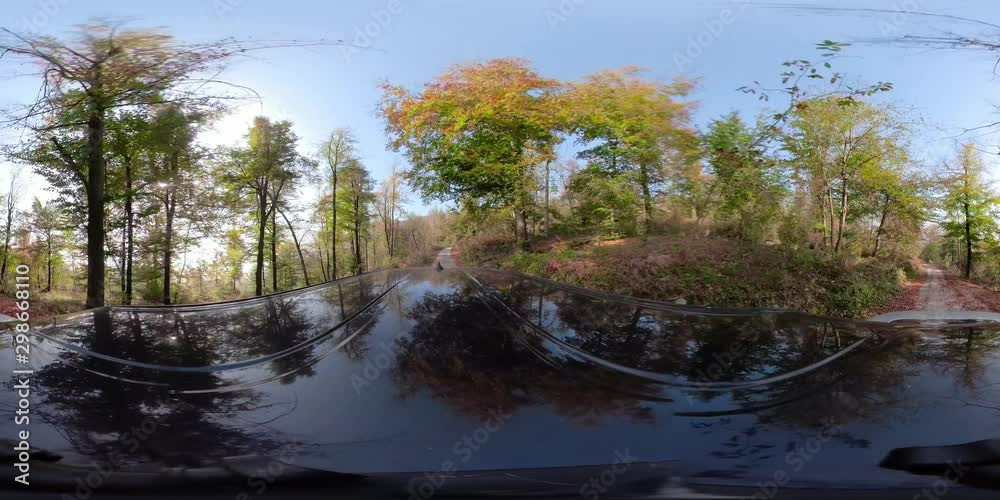 Virtual reality 360 degree view of car driving on forest road Stock ...