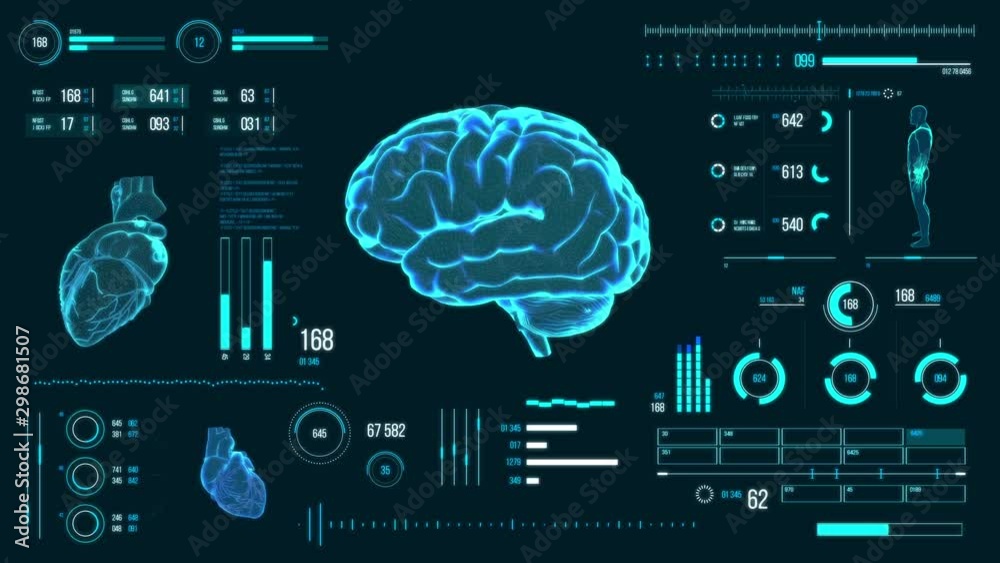Human brain scan. Futuristic medical user interface with HUD and ...
