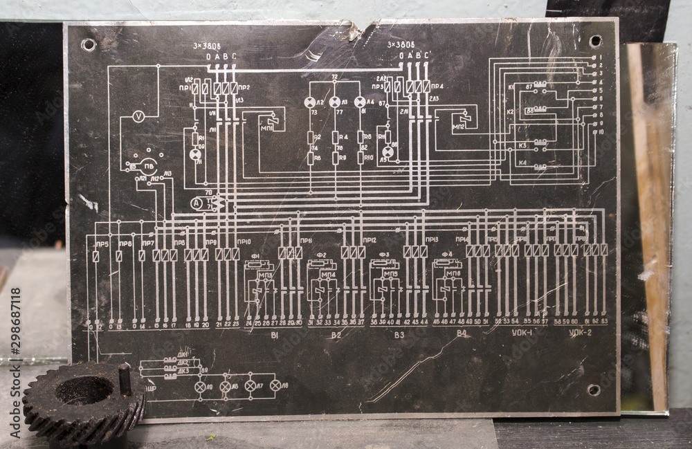 Vintage power scheme for the elements of the old film projector Stock ...