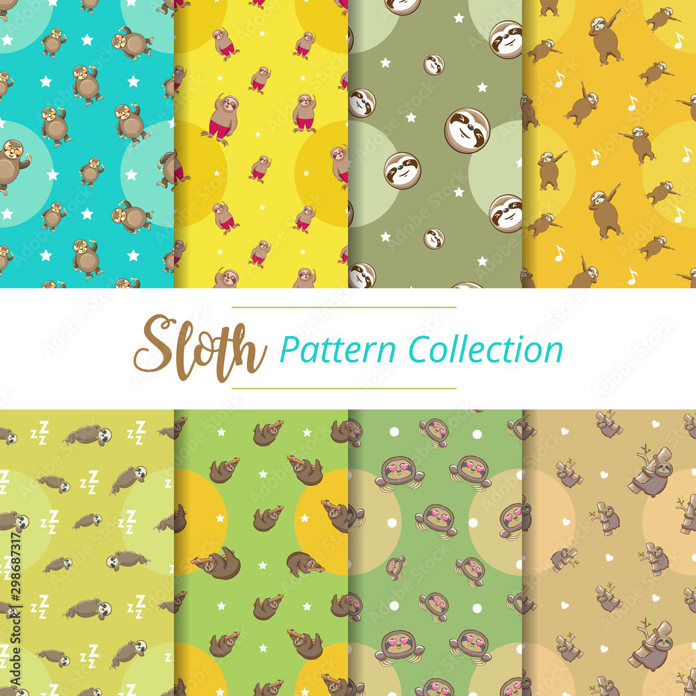 Sloth pattern background wallpaper seamless poster set vector graphic ...