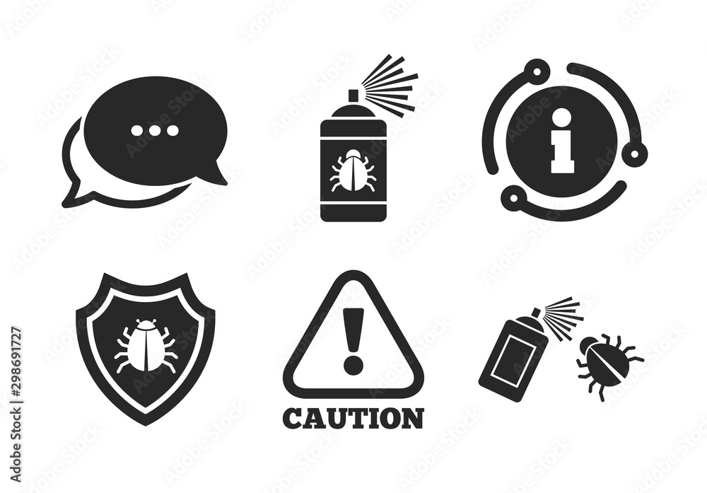 Caution attention and shield symbols. Chat, info sign. Bug disinfection ...