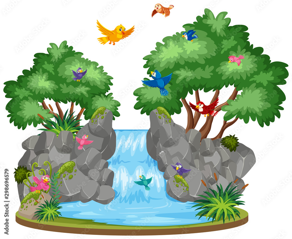 Background scene of waterfall and birds Stock Vector | Adobe Stock