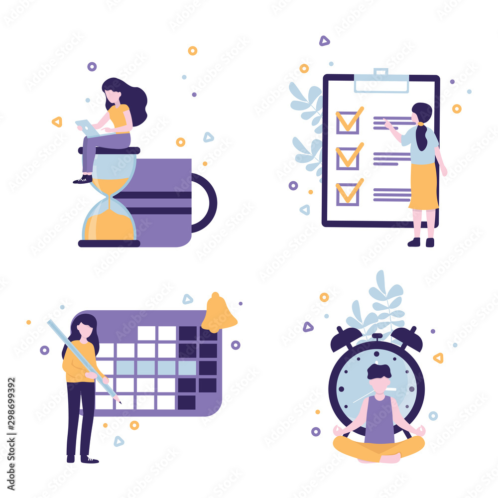 Effective Time management concept flat vector illustration, icons set ...