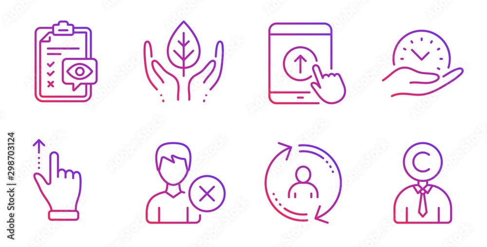 Touchscreen gesture, Safe time and Swipe up line icons set. Fair trade ...