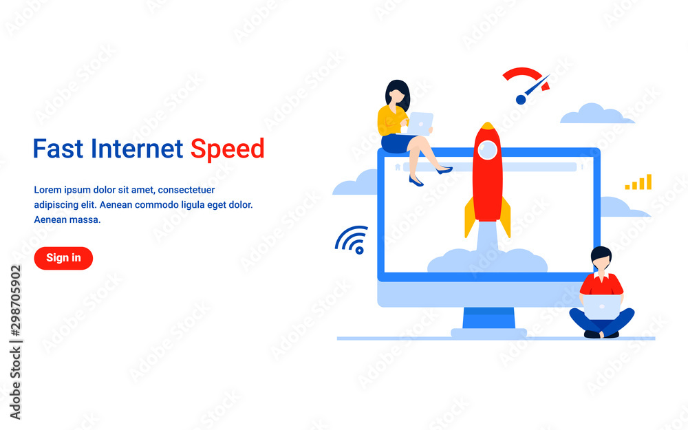 Small people with laptops use high speed fast Internet. Network ...